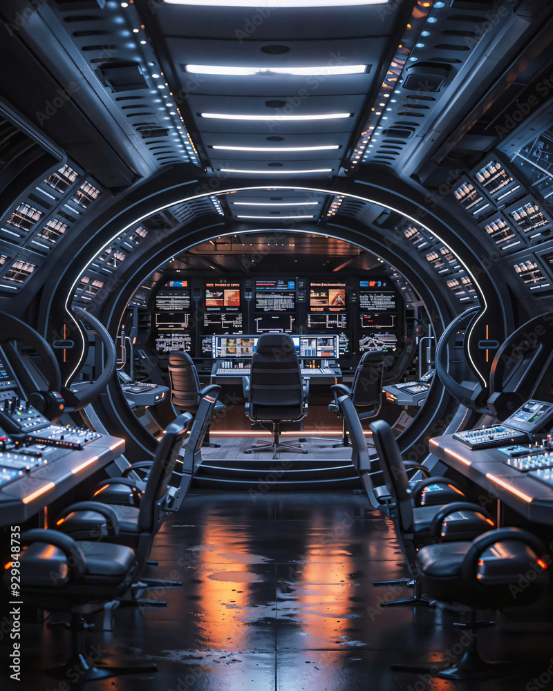 he interior of a futuristic spaceship's control room, featuring ...