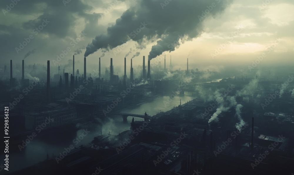 Industrial Revolution Cityscape: Smokestack Silhouettes and Factory ...