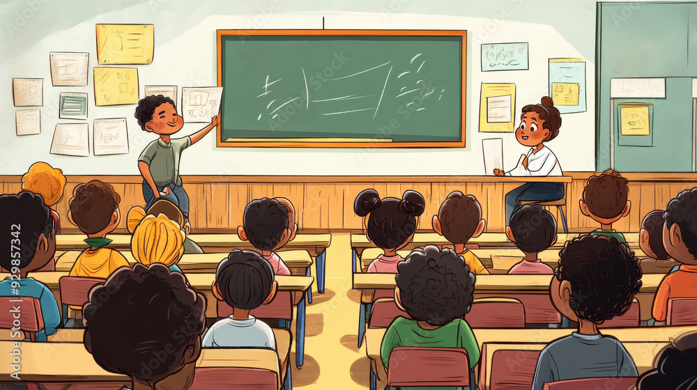 Animated cartoon of a classroom with children of diverse skin tones ...