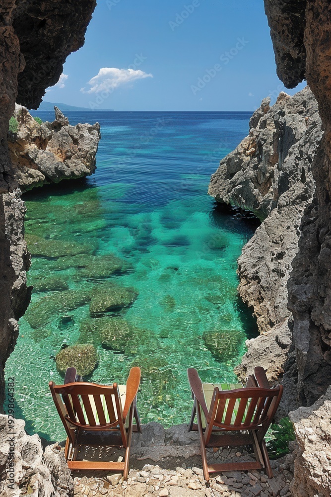 Scenic coastal view with two wooden chairs overlooking crystal clear ...