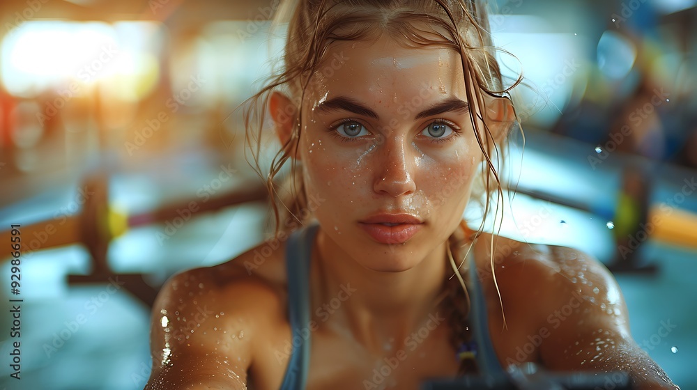 An intense workout scene featuring a woman rowing on a machine. her ...