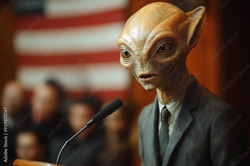 An alien in a suit giving a speech at a podium with an American flag in ...