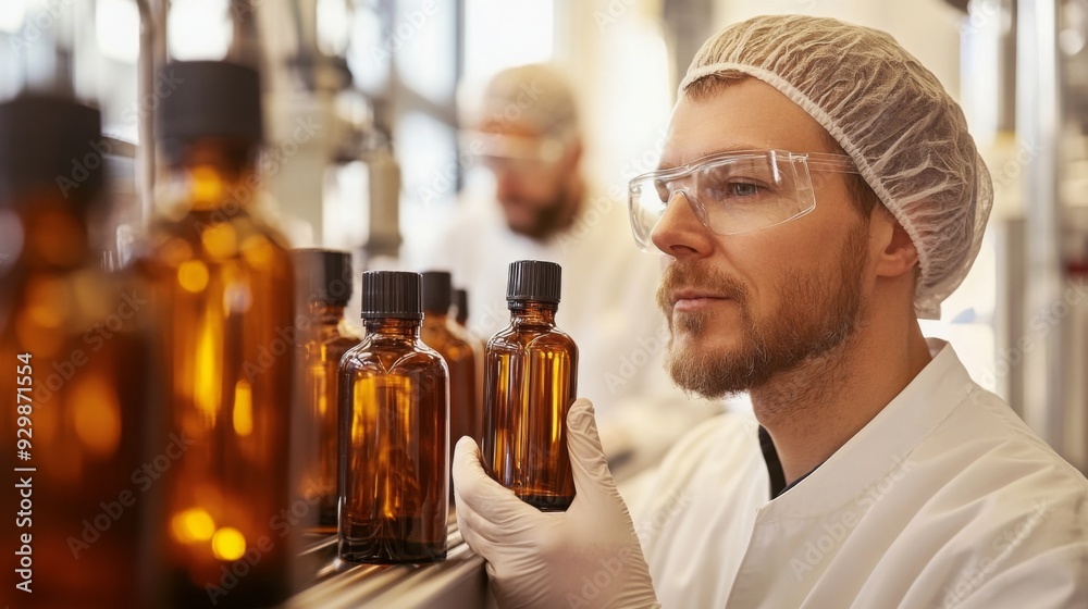 Pharmaceutical scientist wearing sterile gloves inspects medical vials ...