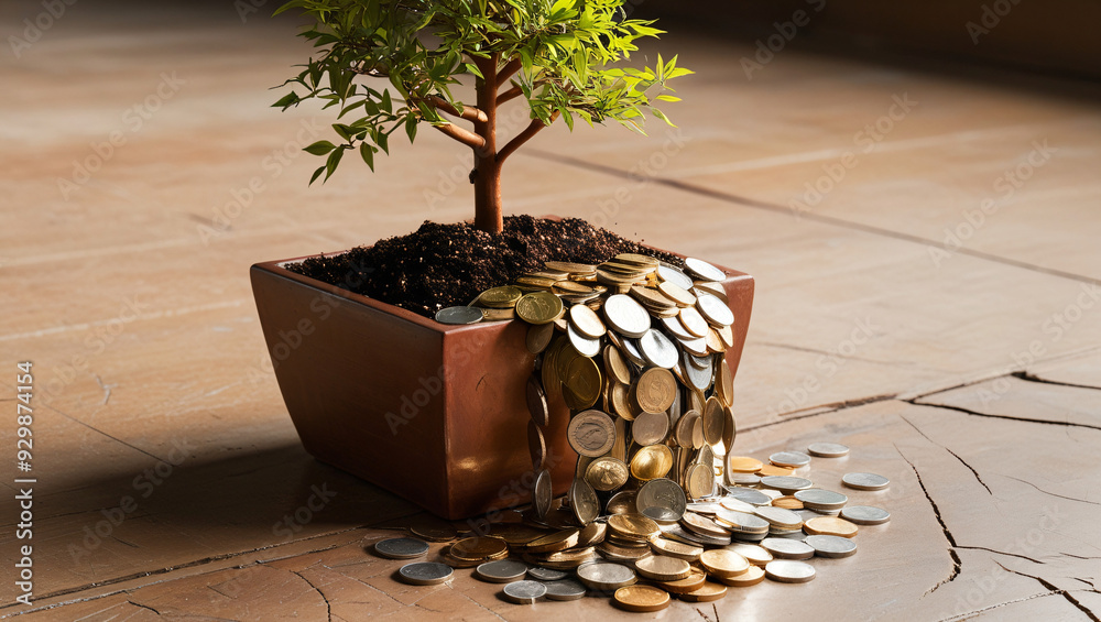 An illustration of a small tree growing in a pot with many coins ...