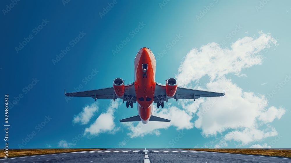 Red Airplane Landing on Runway with Blue Sky and White Clouds Stock ...
