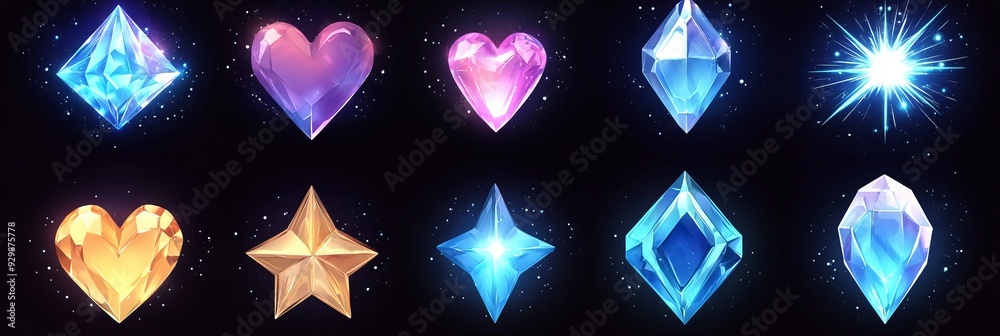 Crystal game vector icon set with a crown, heart, and star. Magic gem ...