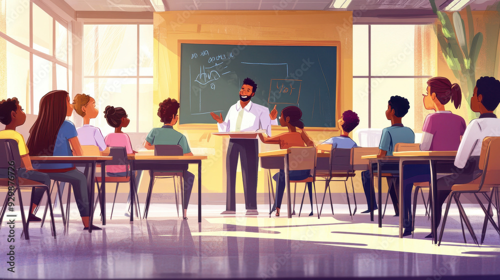 Dynamic cartoon depiction of diverse students at desks in a classroom ...