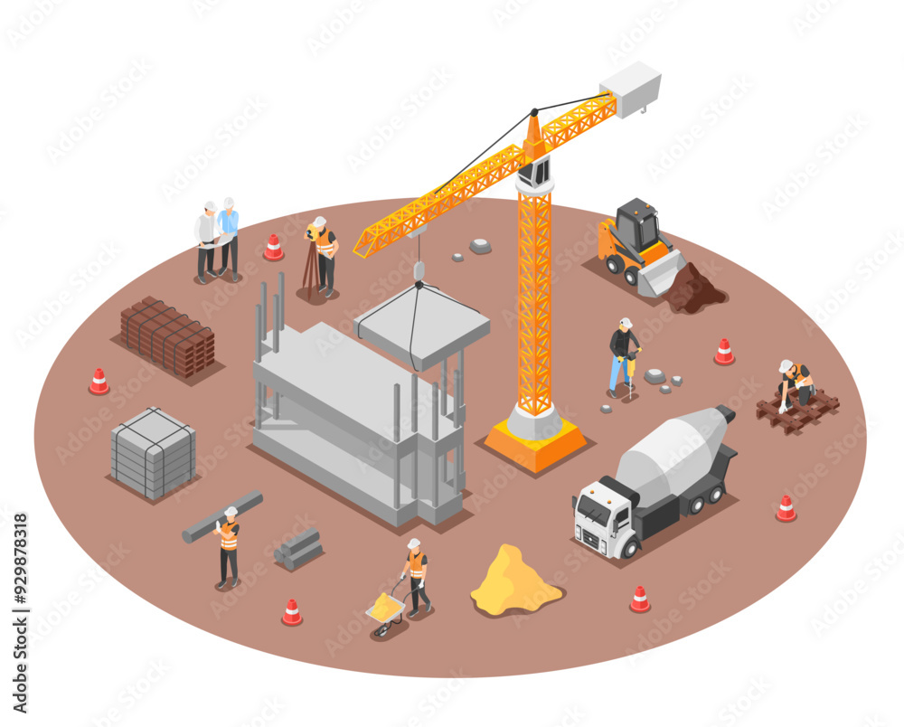 Isometric building construction. 3d scene of workers and special ...