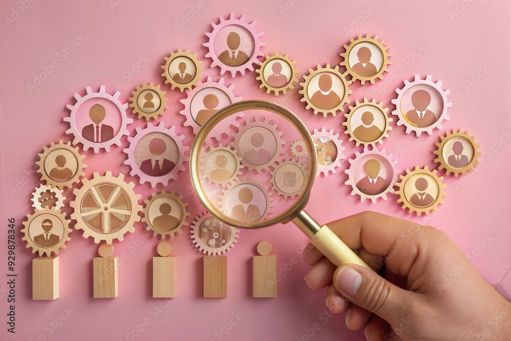 Magnifying Talent: Interlocking gears representing a workforce, with a ...