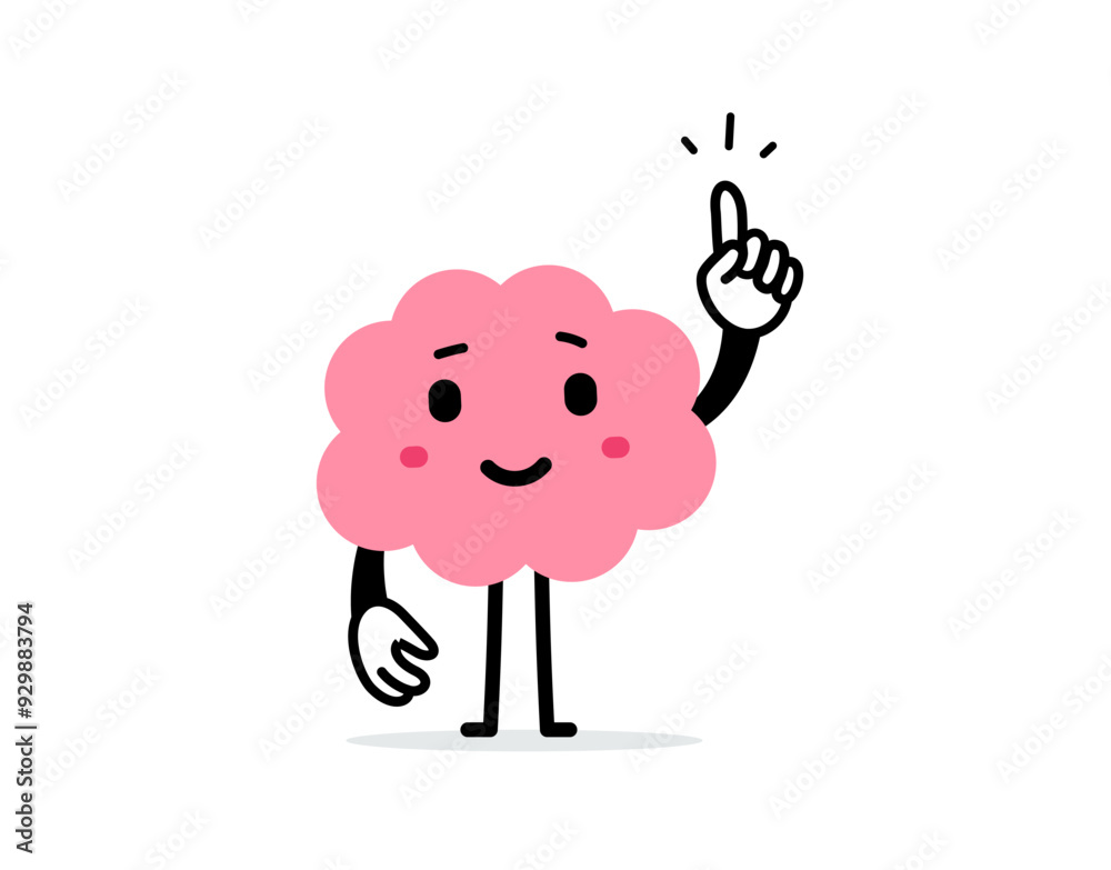Vector cartoon illustration of cute happy brain character with raise ...