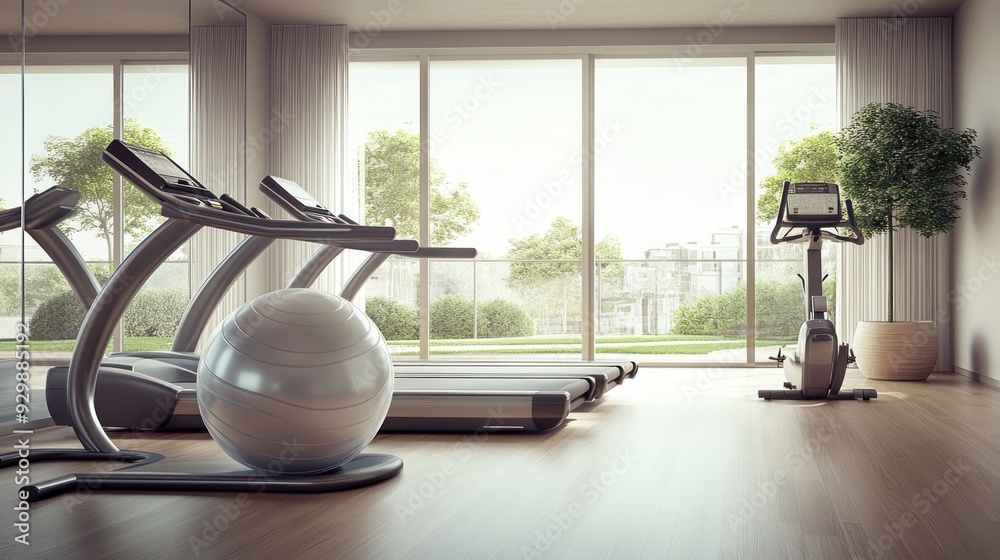 Modern home gym with treadmills, exercise bike, and a large window ...