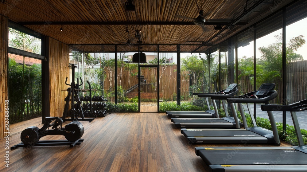 Modern gym interior with wooden floor, bamboo ceiling, and large ...