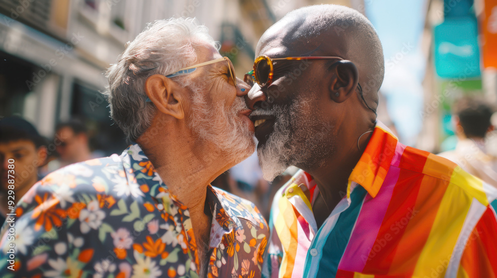 Gay pride parade. Two elderly men of different nationalities are ...