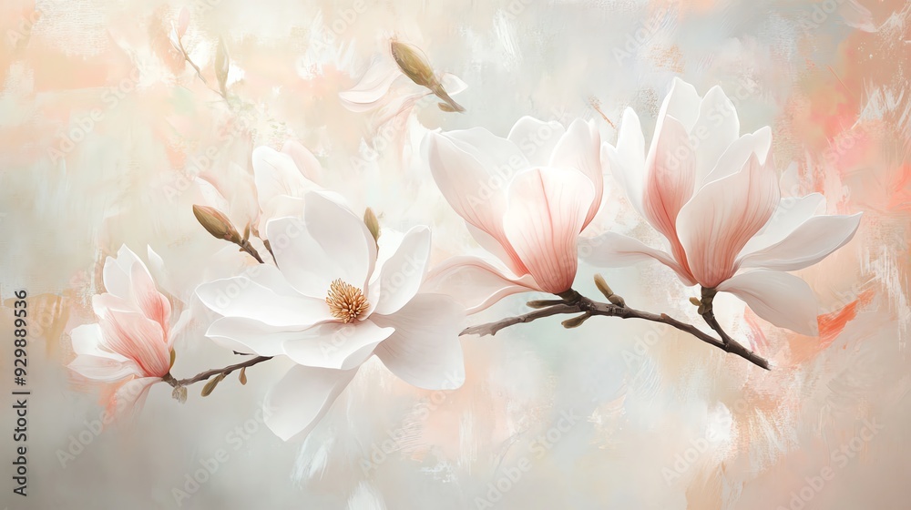 Elegant magnolia flowers bloom softly against a subtle, dreamy ...