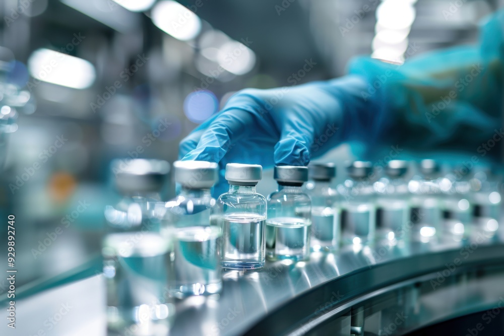 Medical professional handling laboratory vials on a conveyor belt in a ...