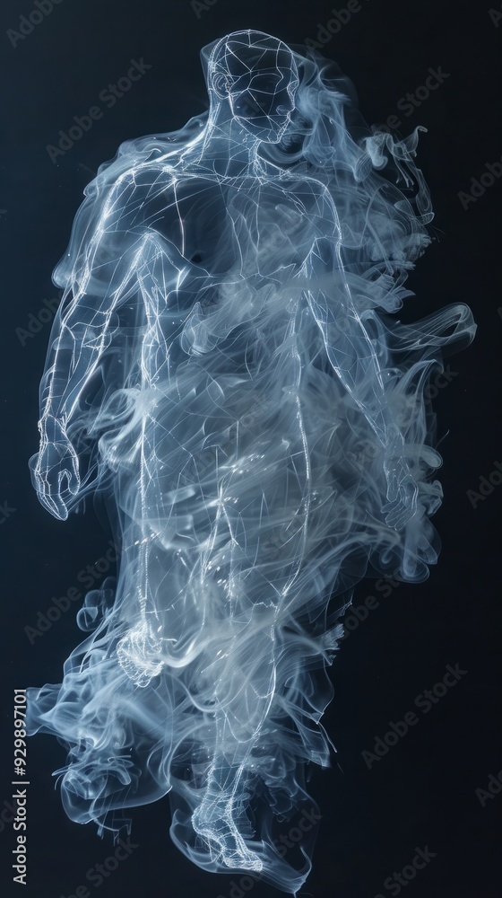 A man made of flowing water steps forward, his transparent and ...