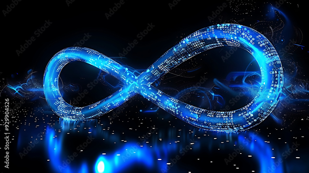 Blue infinity symbol made of glowing binary code particles on black ...