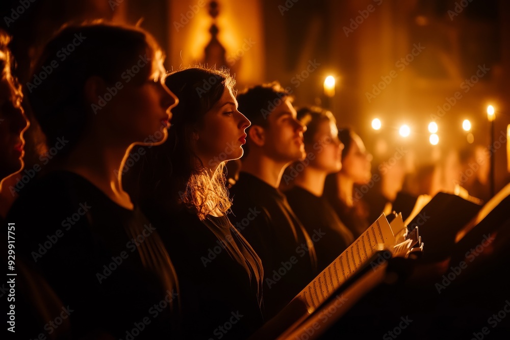 Singers in traditional attire passionately sing hymns, illuminated by ...
