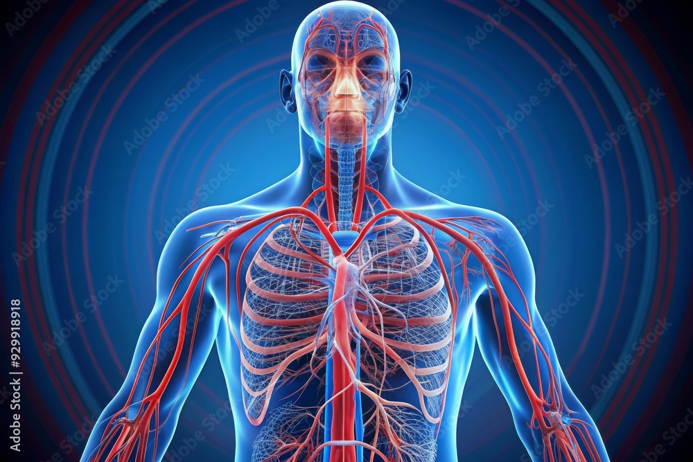 A man's body is shown in a blue and red color scheme, with the veins ...