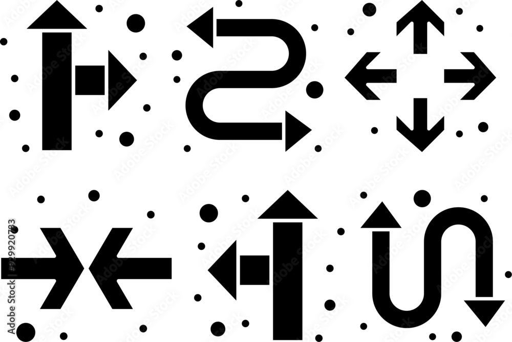 Set of directional arrows and geometric shapes in black on white ...