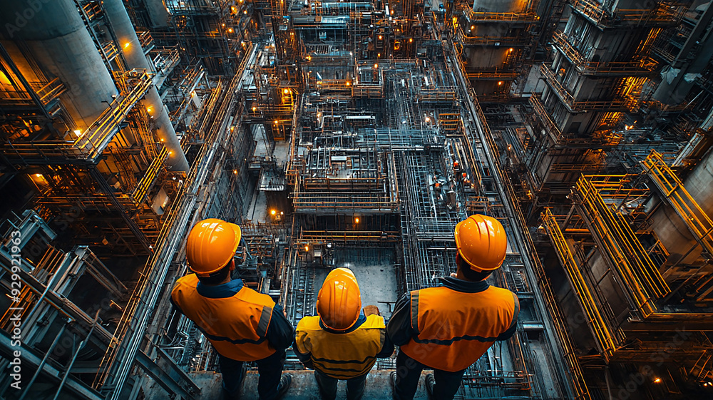 Team of engineers and architects evaluating construction progress and managing project details ...