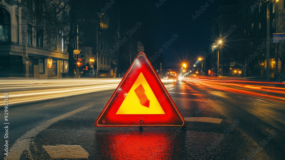 At night, a red triangle warning sign indicates an emergency stop ...
