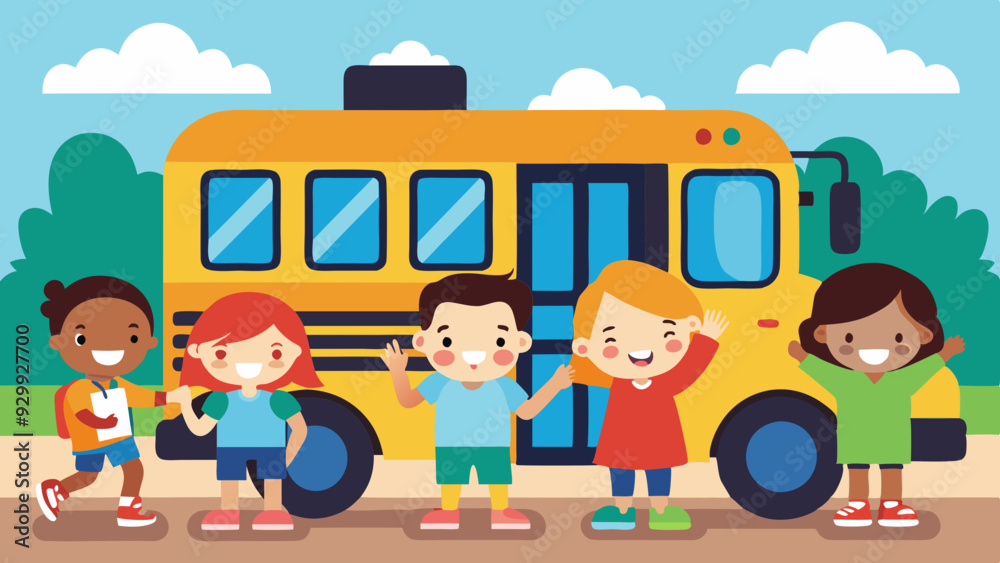 School Bus Ride: Students getting on or off a school bus, excited for ...