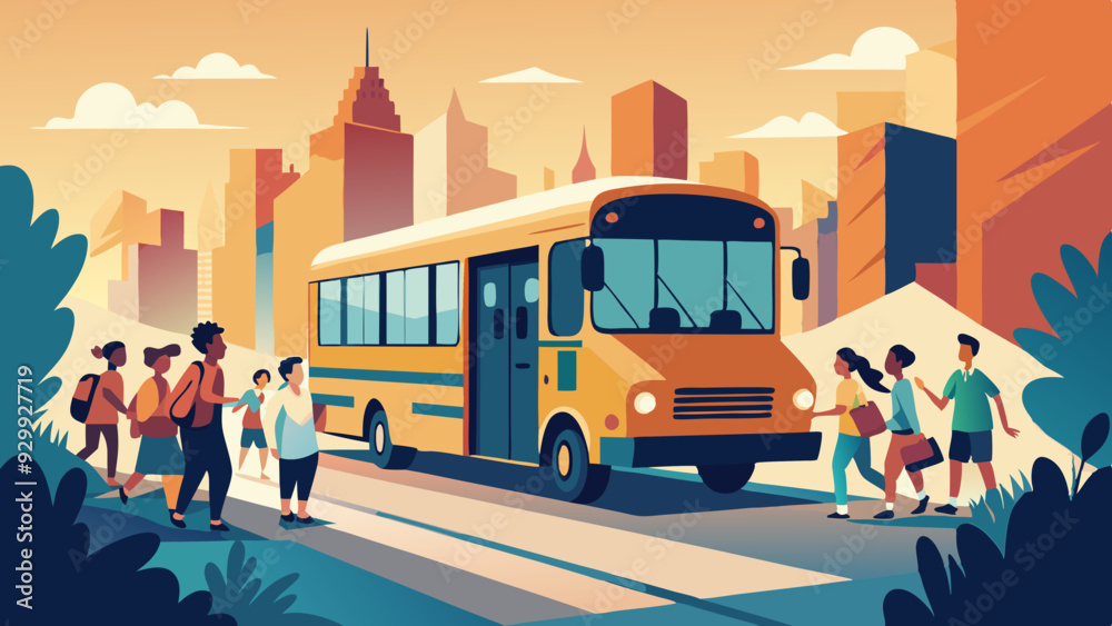 School Bus Ride: Students getting on or off a school bus, excited for ...