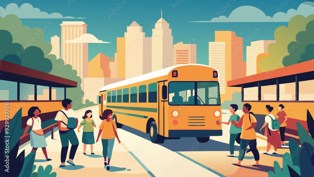 School Bus Ride: Students getting on or off a school bus, excited for ...