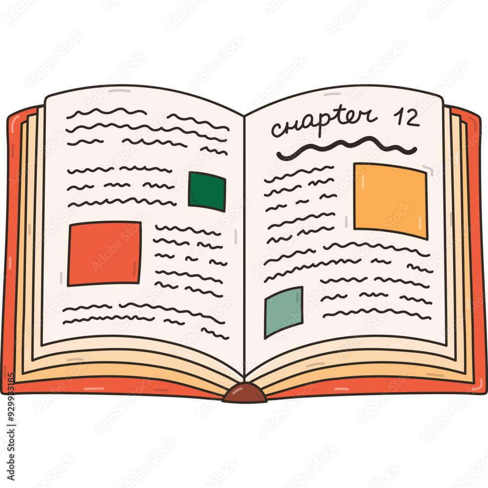 Colourful outline open book with chapter and pictures. Cute concept of ...