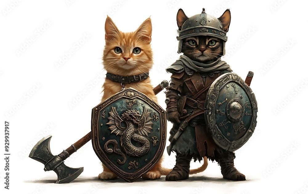Two cats, one in armor with a shield and sword, the other with a shield ...