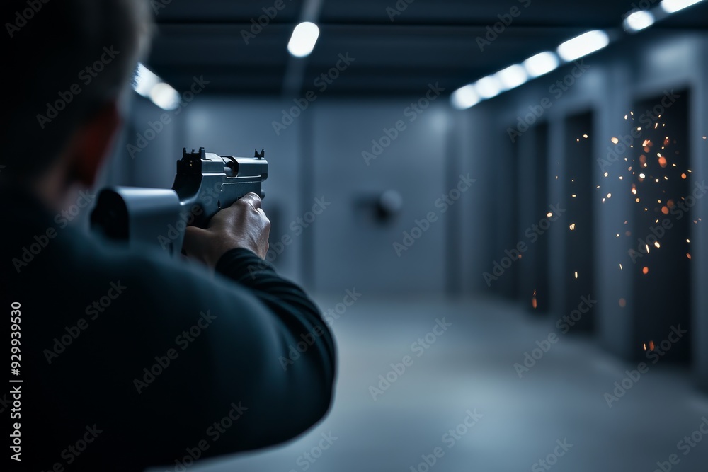 A person steadies their aim at the target while firing a handgun inside ...