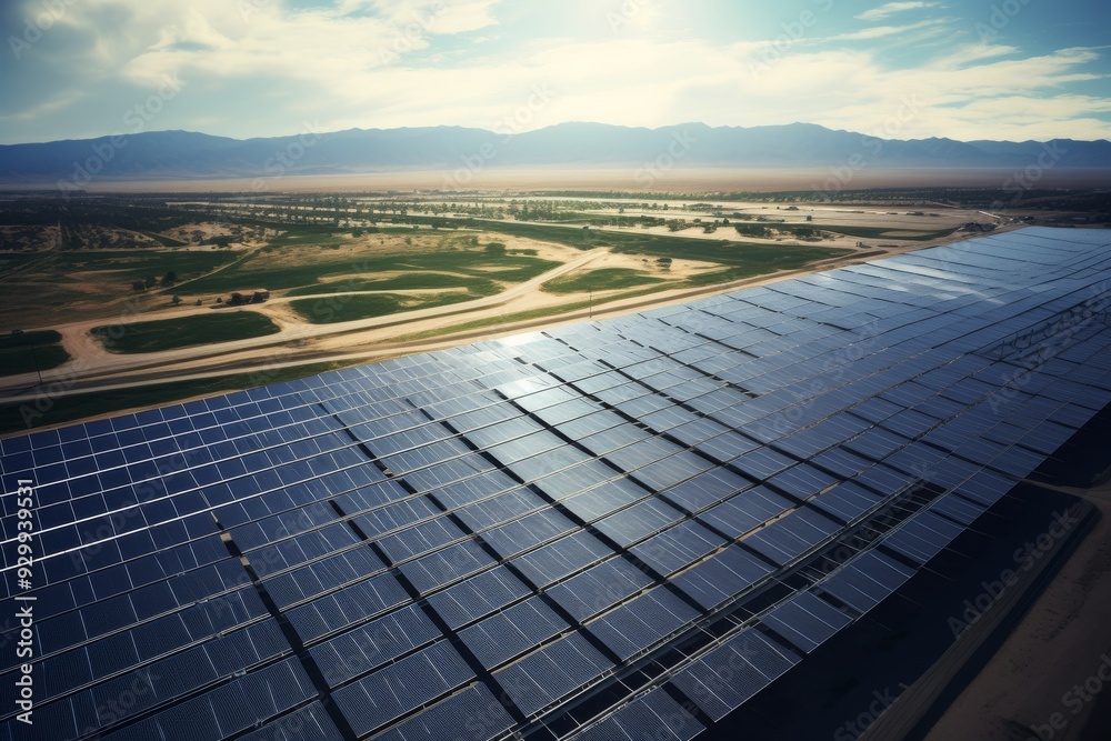 An expansive array of solar panels stretches across a vast field ...