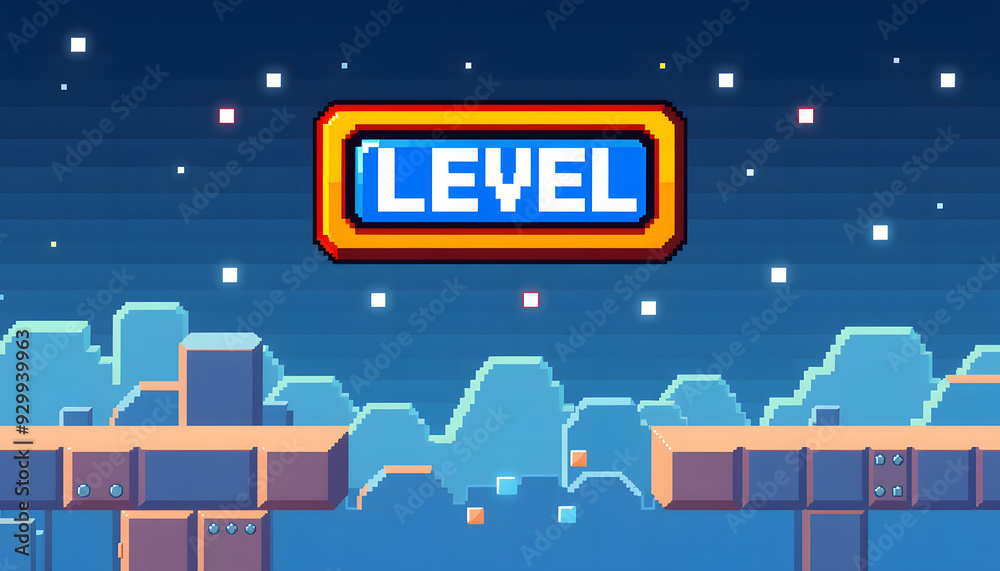 Pixel art game background with button level up. Game design concept in retro style. Vector ...