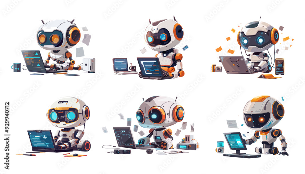 Robot digital tasks cartoon vector scenes. Large eyes sensors keyboard ...