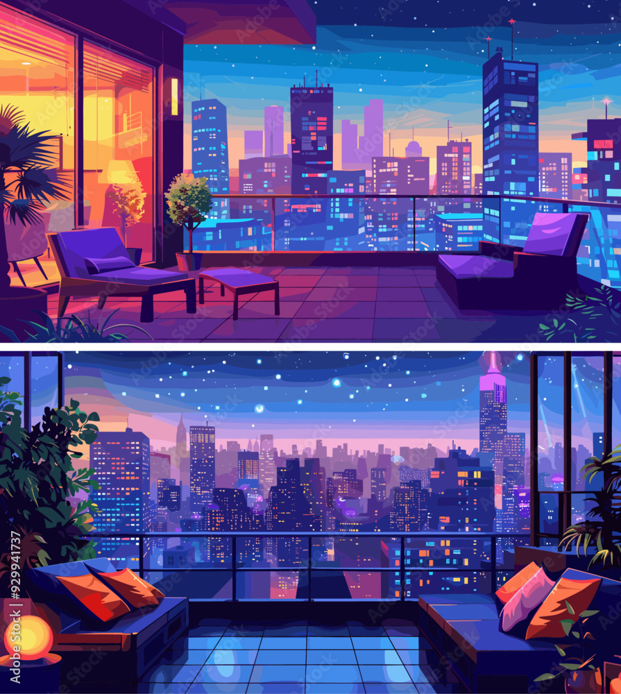 Rooftop terrace cartoon vector concepts. Nighttime urban panorama ...