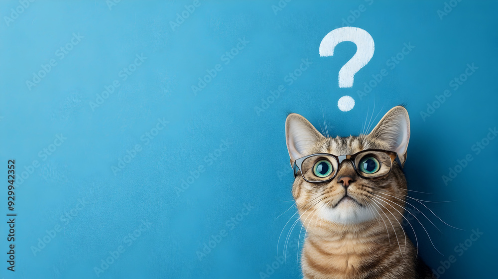 An inquisitive cat adorned with spectacles, featuring a question mark ...