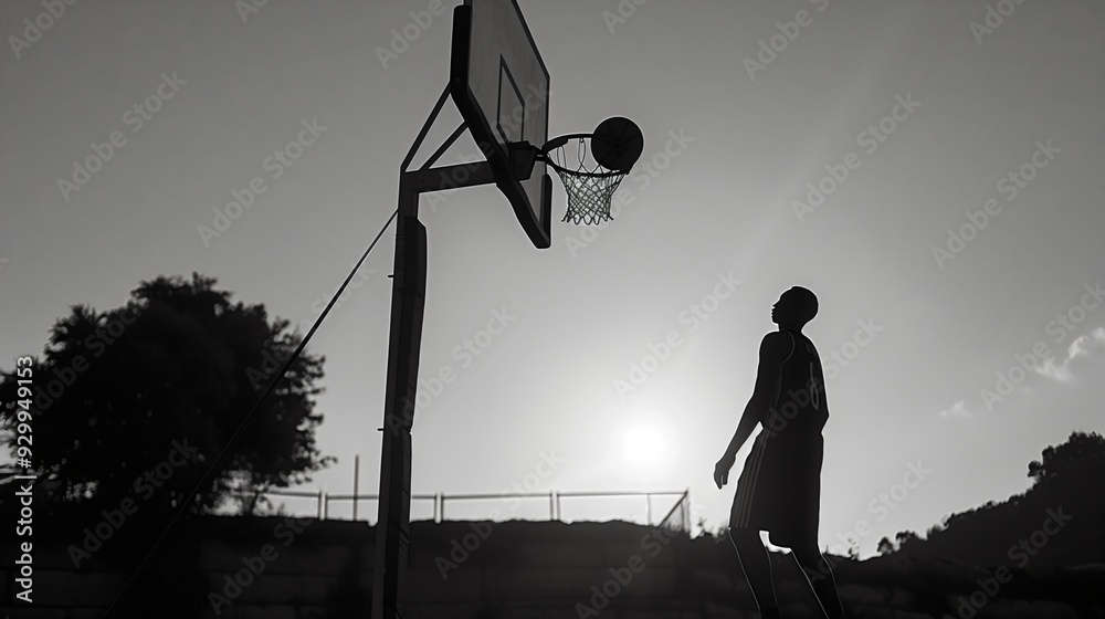Silhouette man playing basketball outdoor jumping and throwing a ball ...