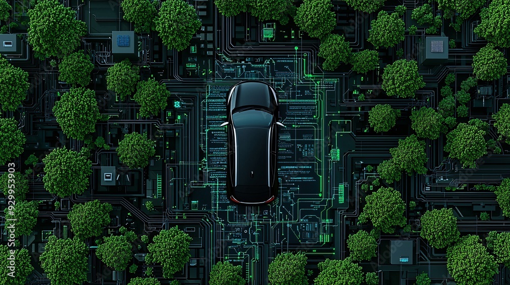 Autonomous vehicle AI interface, self-driving car, cityscape ...