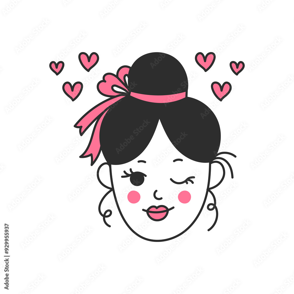 Coquette Flirty Woman Head . Hand drawn winking girl face with ribbon ...