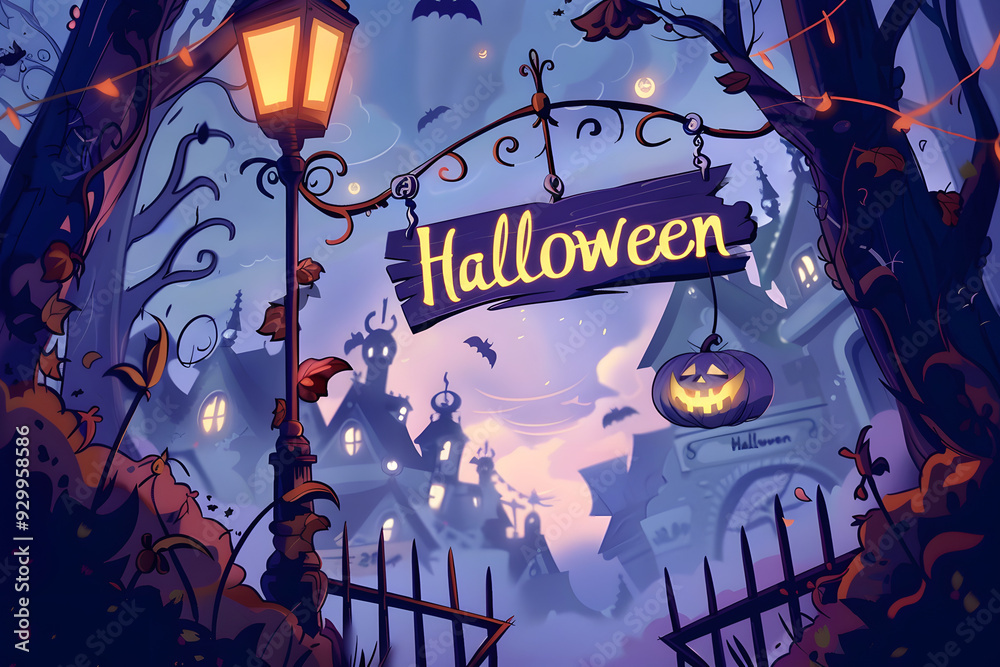 Entrance gate to spooky castle with Halloween text on board sign. Stock ...