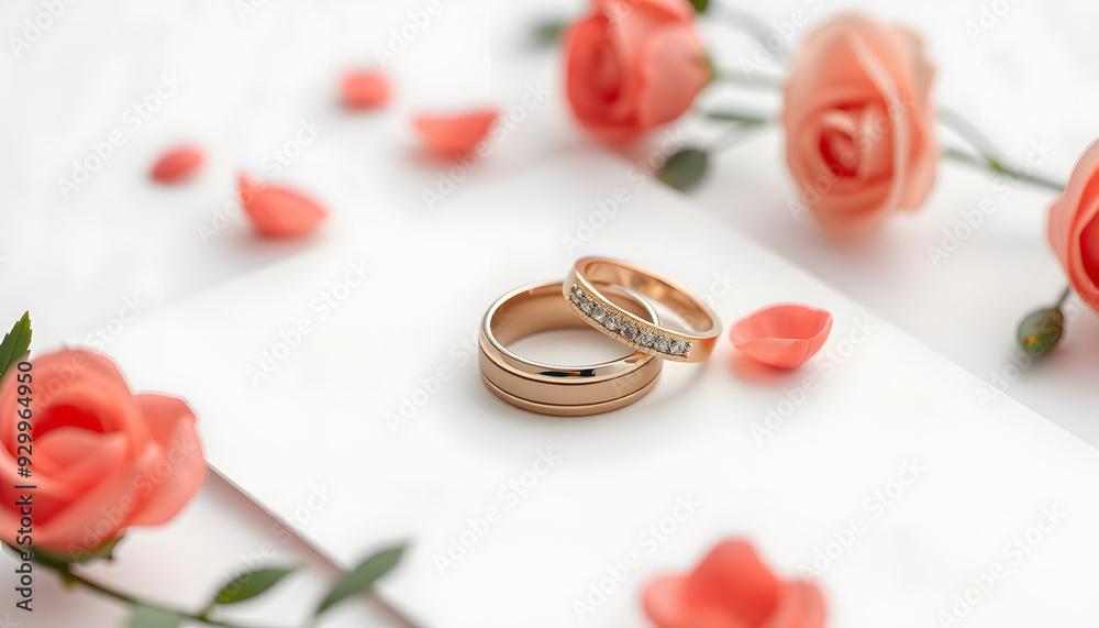 Wedding rings on wedding card on a white background, border design ...
