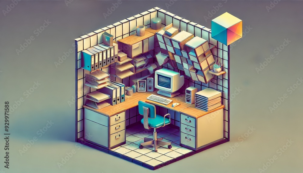 Minimalist 90s-Inspired Office Cubicle with Retro Computer and ...