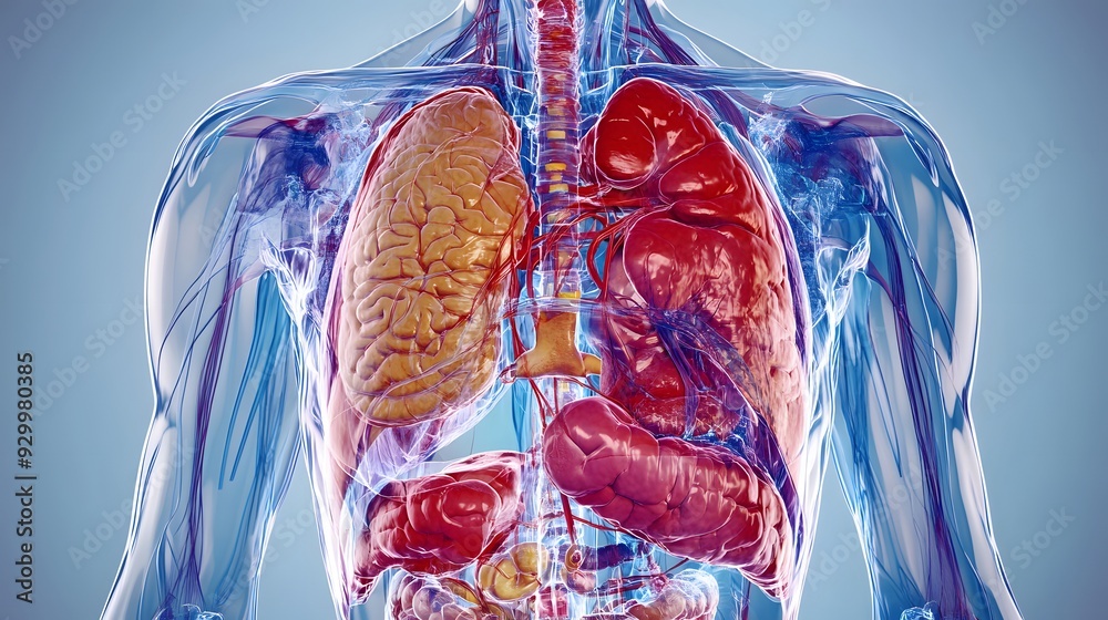 A high-resolution 3D rendered CT scan of a human torso, with vivid ...