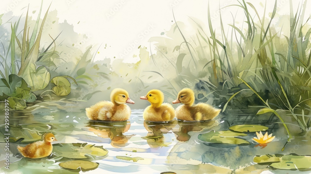 Three cute ducklings are swimming in a pond on a sunny day. The ...