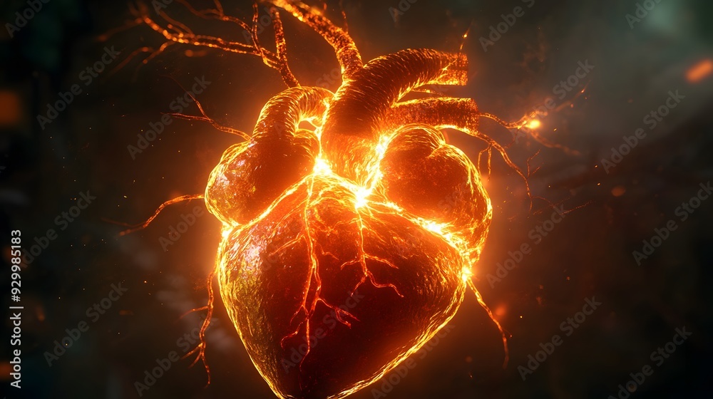 A detailed 3D rendered CT scan of a human heart, with vivid ...