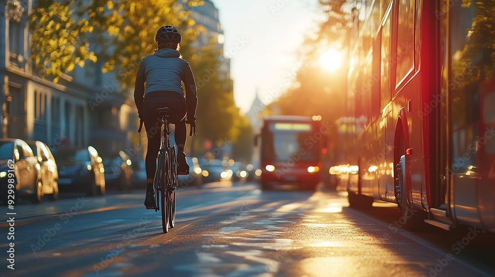 A cyclist effortlessly transitioning from a bicycle lane to a bus ...