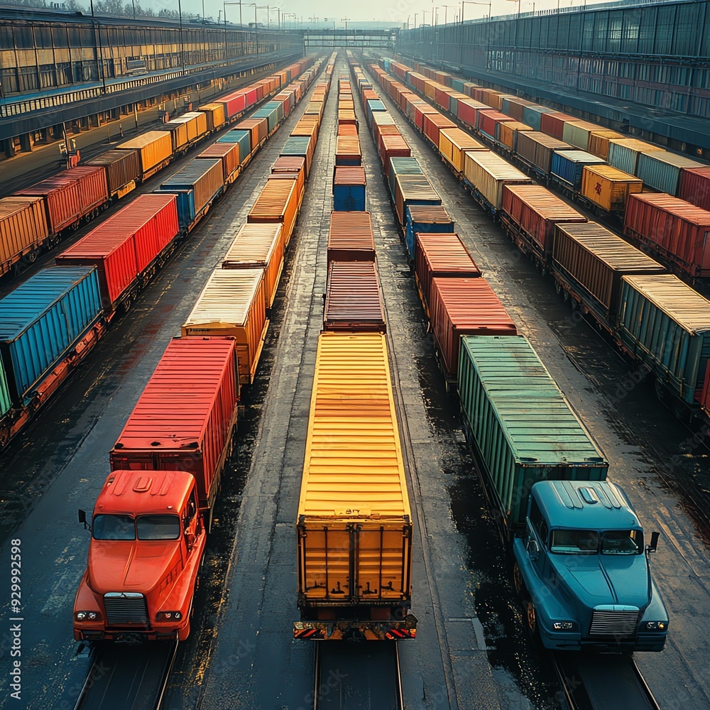 Cargo trucks lined up at a rail terminal, ready to transfer goods from ...