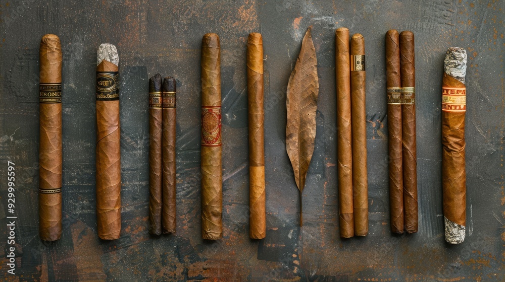 An assortment of vintage cigars beautifully laid out in a row ...