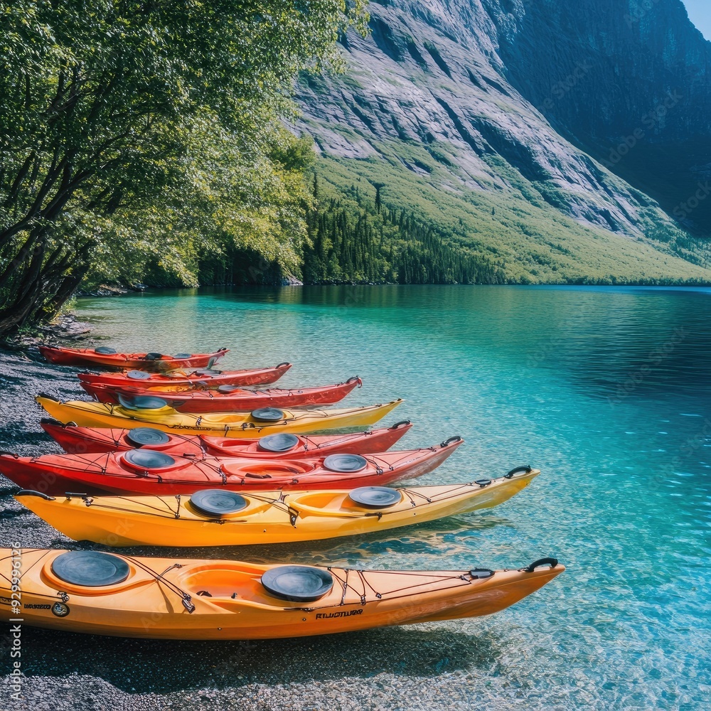 Colorful kayaks lined up on the shore of a crystal-clear lake, ready ...